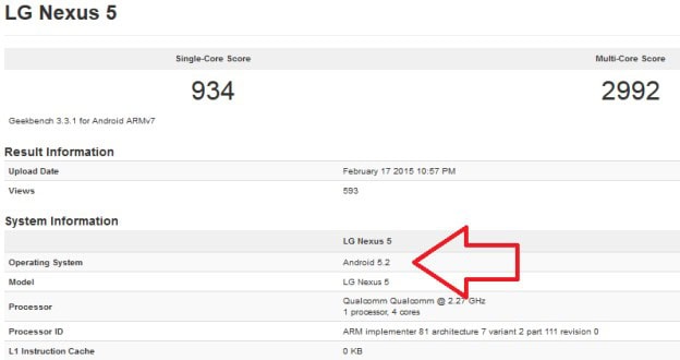 Android 5.2 Lollipop appare in un benchmark di un Nexus 5